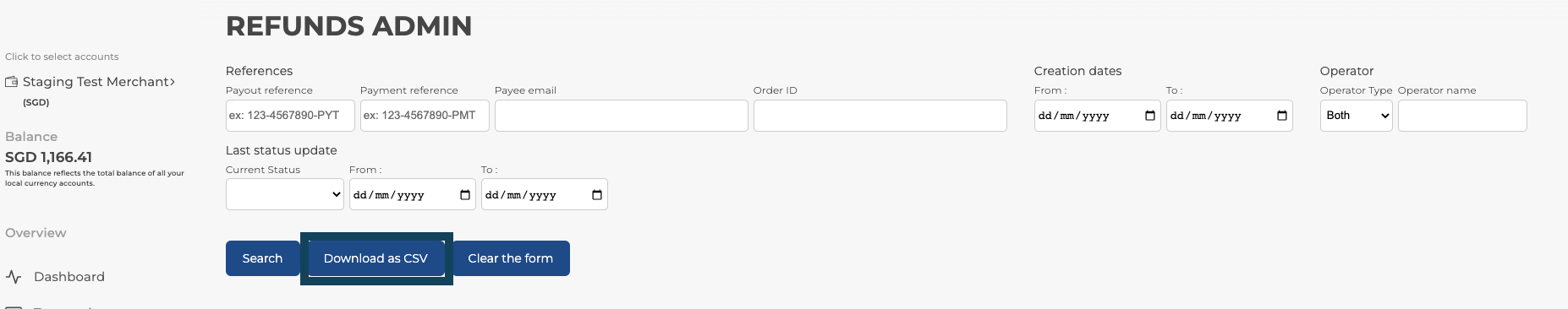 How do I export refund history as a CSV file